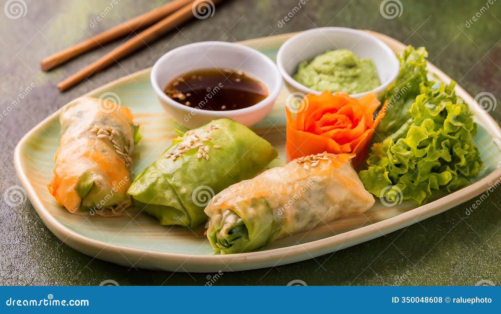 Colorful Spring Rolls with Various Dipping Sauces Elegant Presentation ...