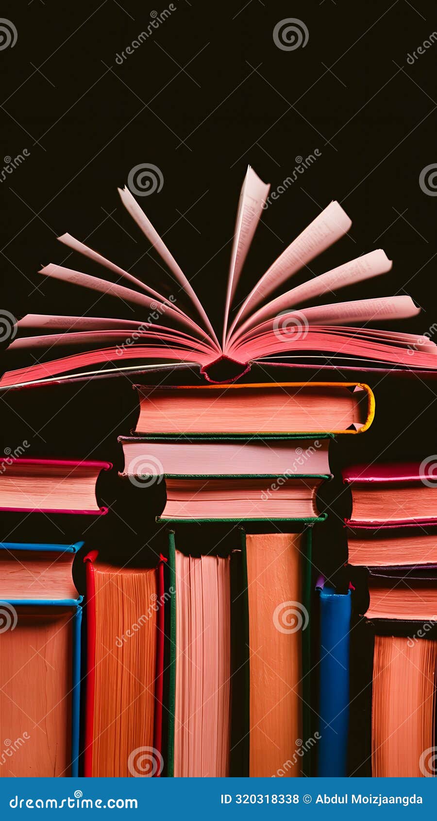 Colorful Stack of Books with Open Book Emitting Warm Light, Inviting ...