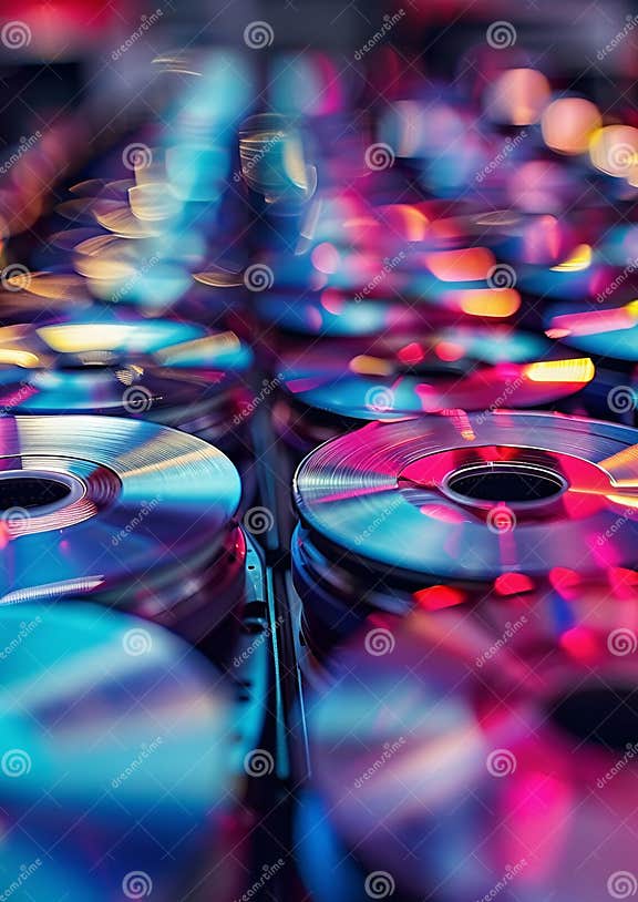 Colorful Stack of Compact Discs in Close-Up with Vibrant Light ...