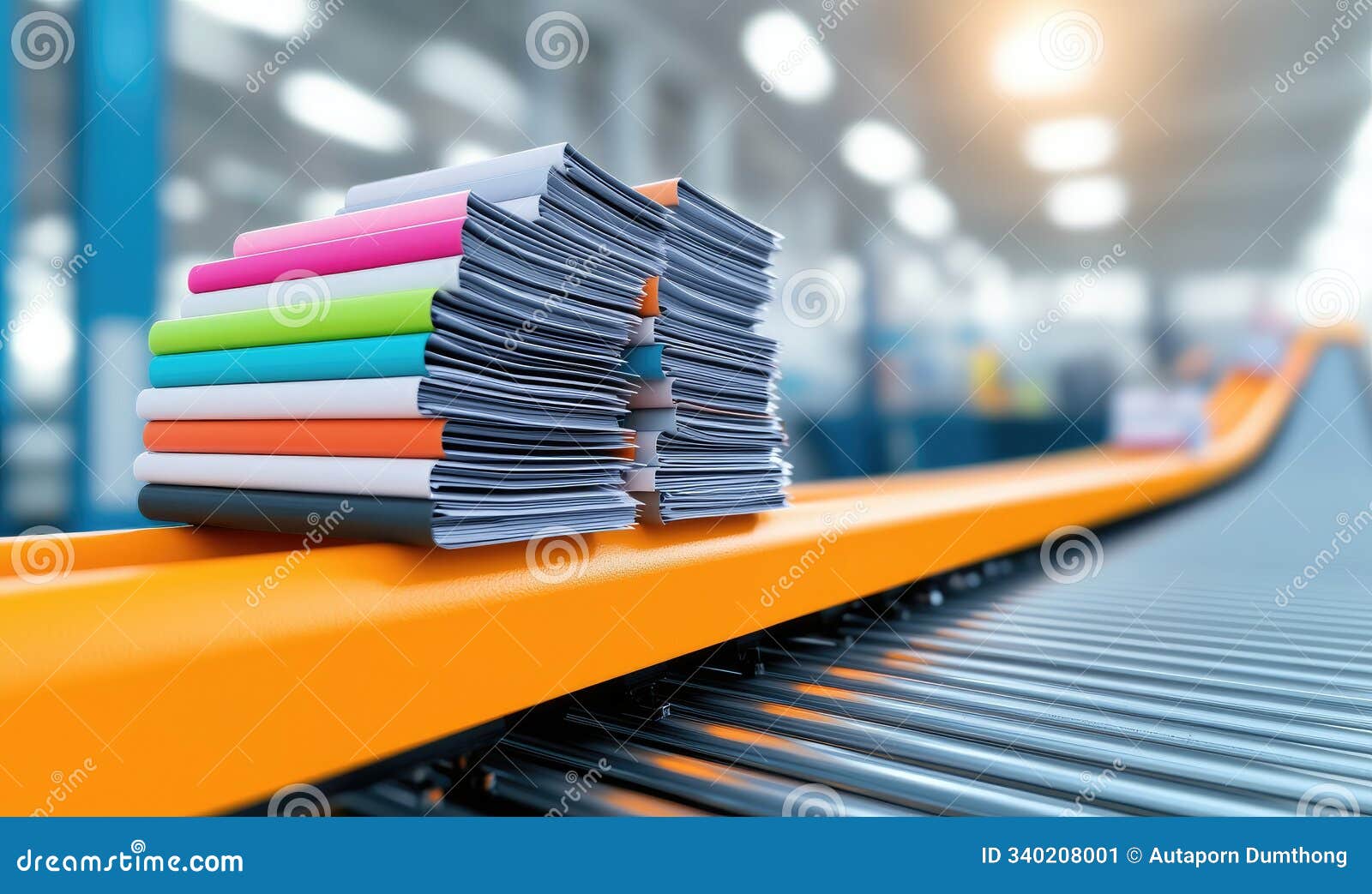 Colorful Stack of Documents on a Conveyor Belt in a Modern Warehouse ...