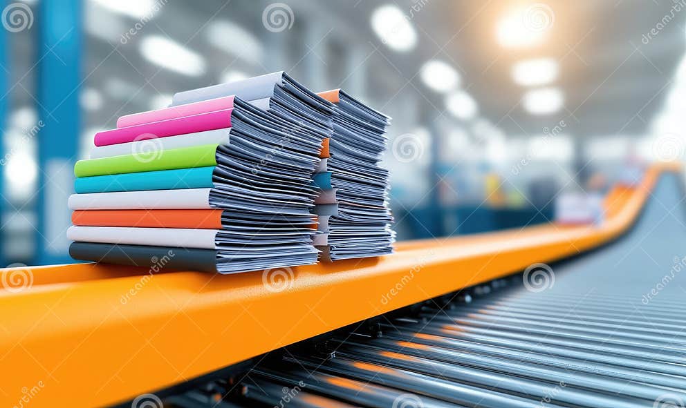 Colorful Stack of Documents on a Conveyor Belt in a Modern Warehouse ...