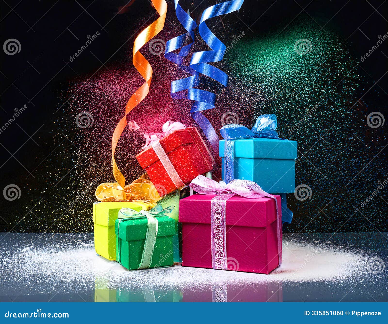 A Colorful Stack of Presents with Ribbons and a Streamer Stock ...