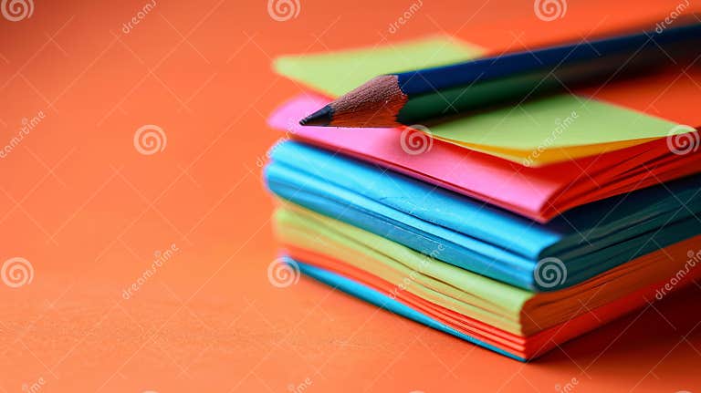 Colorful Stack of Sticky Notes with Pencil on an Orange Background ...