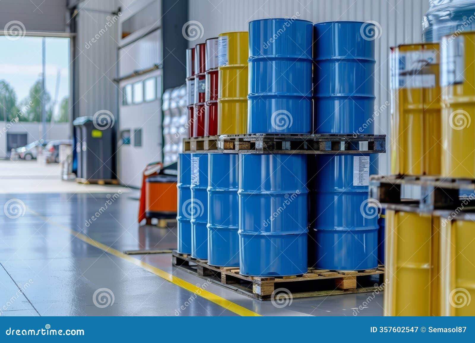Colorful Stacked Barrels on Pallets in a Warehouse Setting with ...