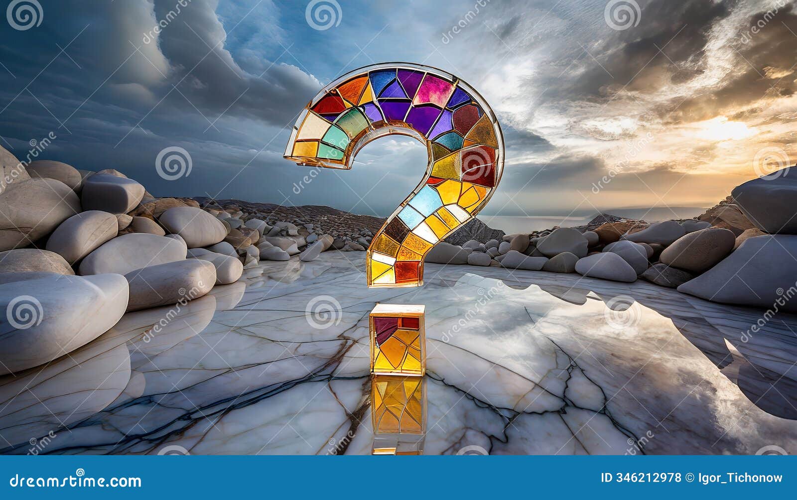 A Colorful Stained-glass Question Mark Placed on a Reflective Marble ...