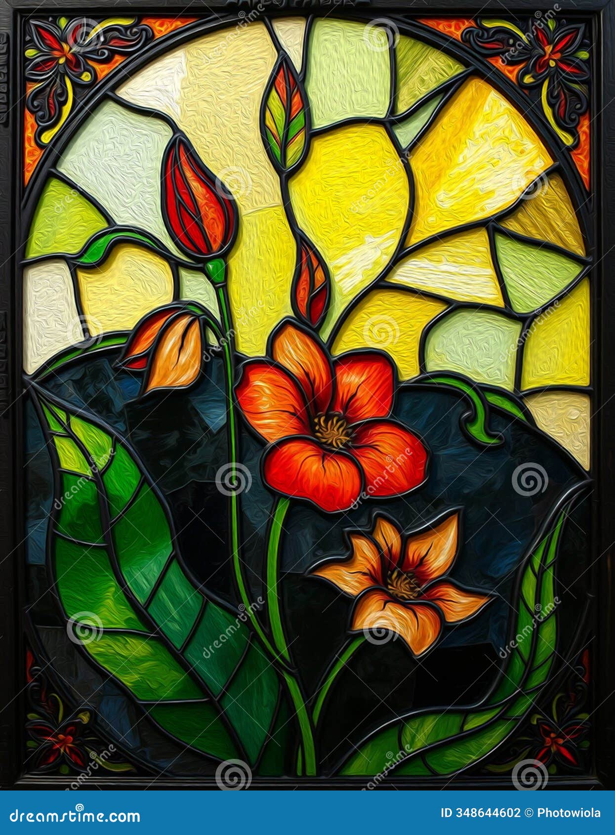Colorful Stained Glass Window. Botanical Pattern. Multicolored Interior ...