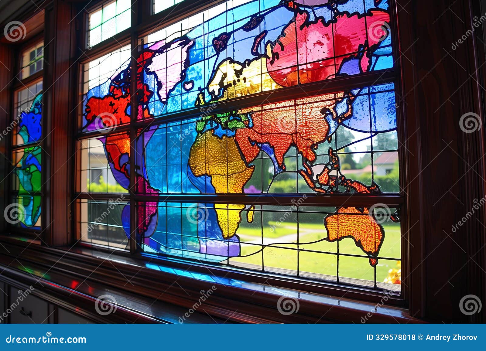 A Colorful Stained Glass World Map Adorns a Building Window, Creating ...