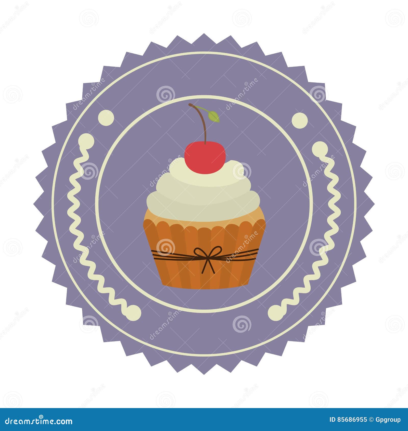 Colorful Stamp with Olive Crown and Cupcake with Cherry in Round Frame ...