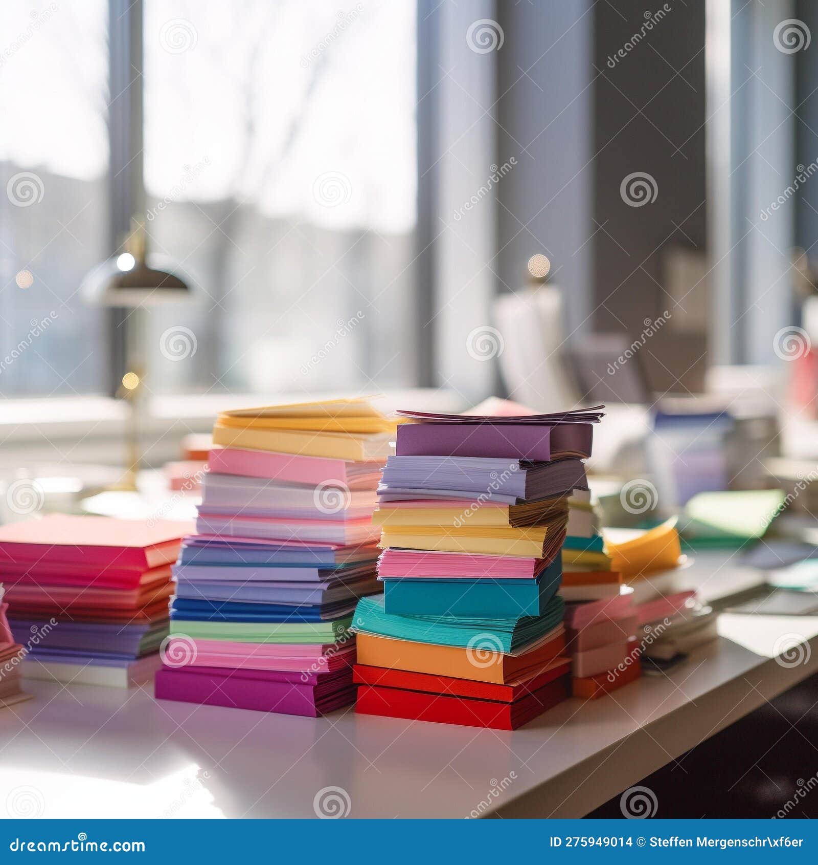 Colorful Stationery Stack on White Desk in Coworking Space Stock ...
