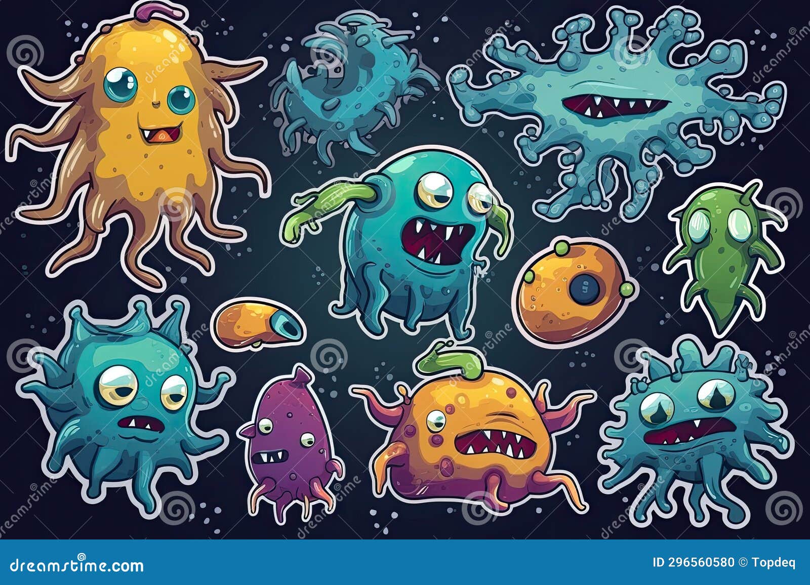 Colorful Sticker Set of Monster Like Characters Viruses and Bacterias ...