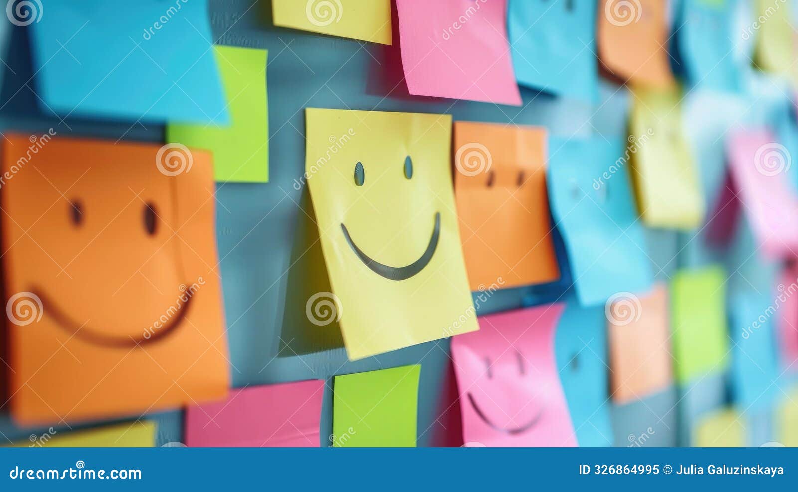 Colorful Sticky Notes with Smiles Covering an Office Wall, Representing ...