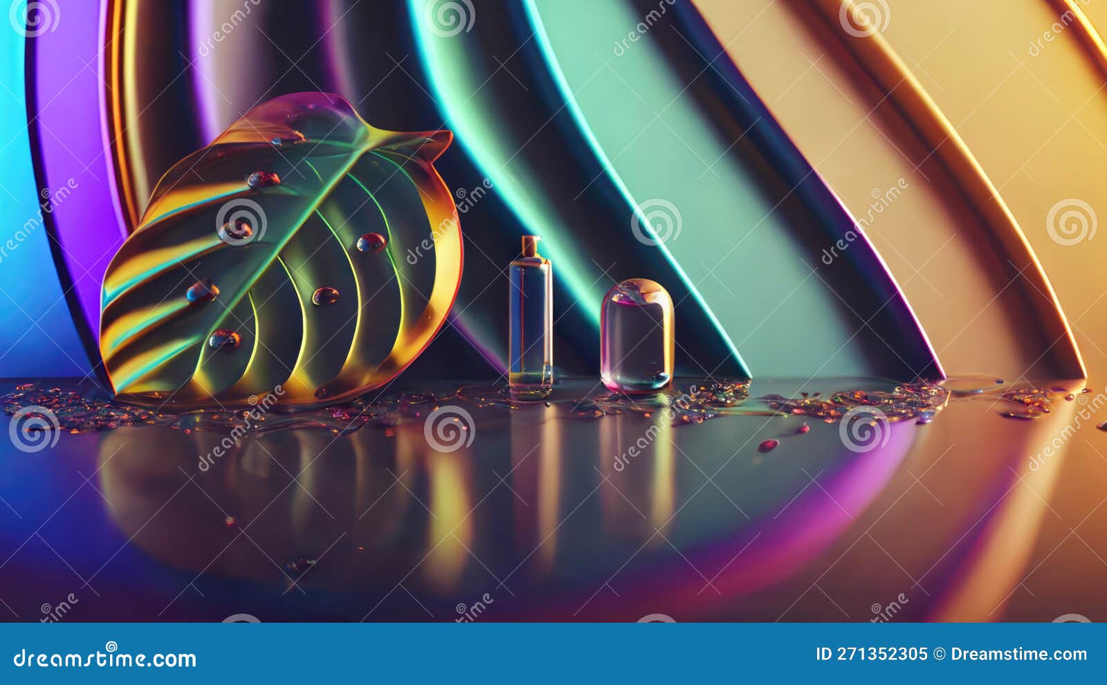 Colorful Still Life Of Glass Objects Leaves And A Wavy Background Stock Illustration