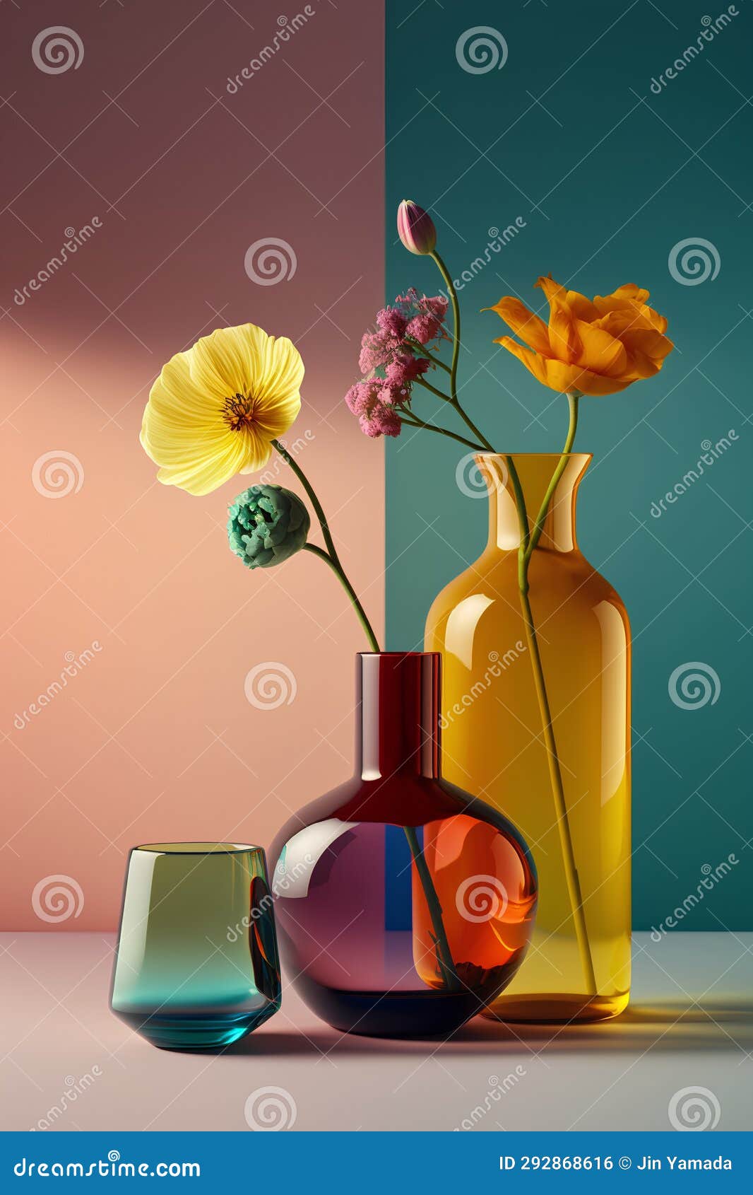 Colorful Still Life with Vases and Flowers. 3D Rendering Stock ...