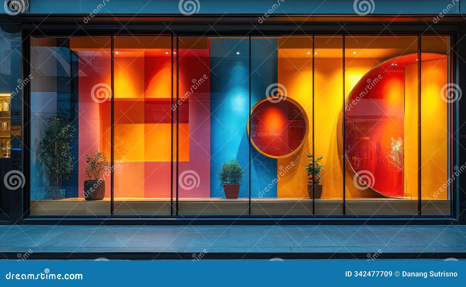 Colorful Storefront Window Display with Geometric Shapes and Plants ...