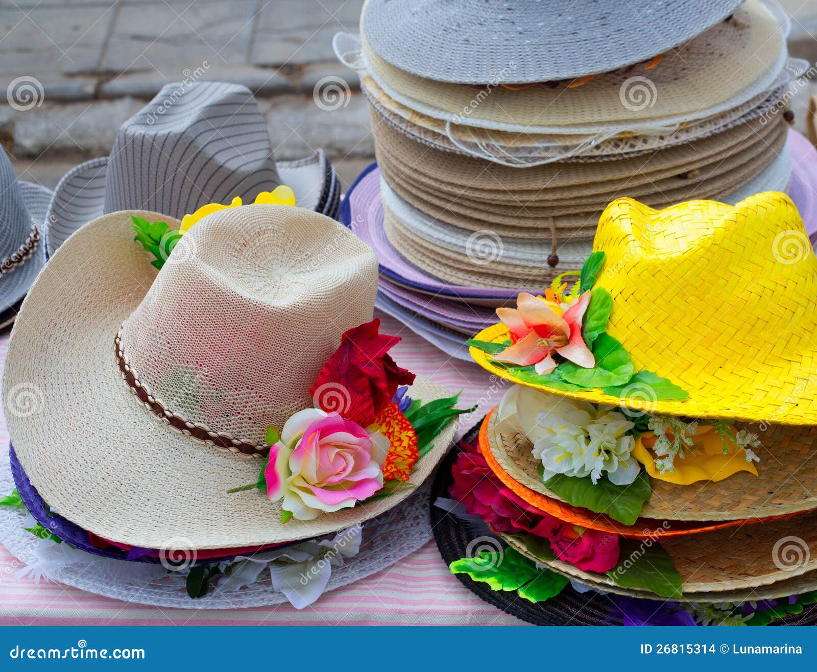 Colorful Straw Hats Stacked in an Outdoor Stock Photo - Image of ...