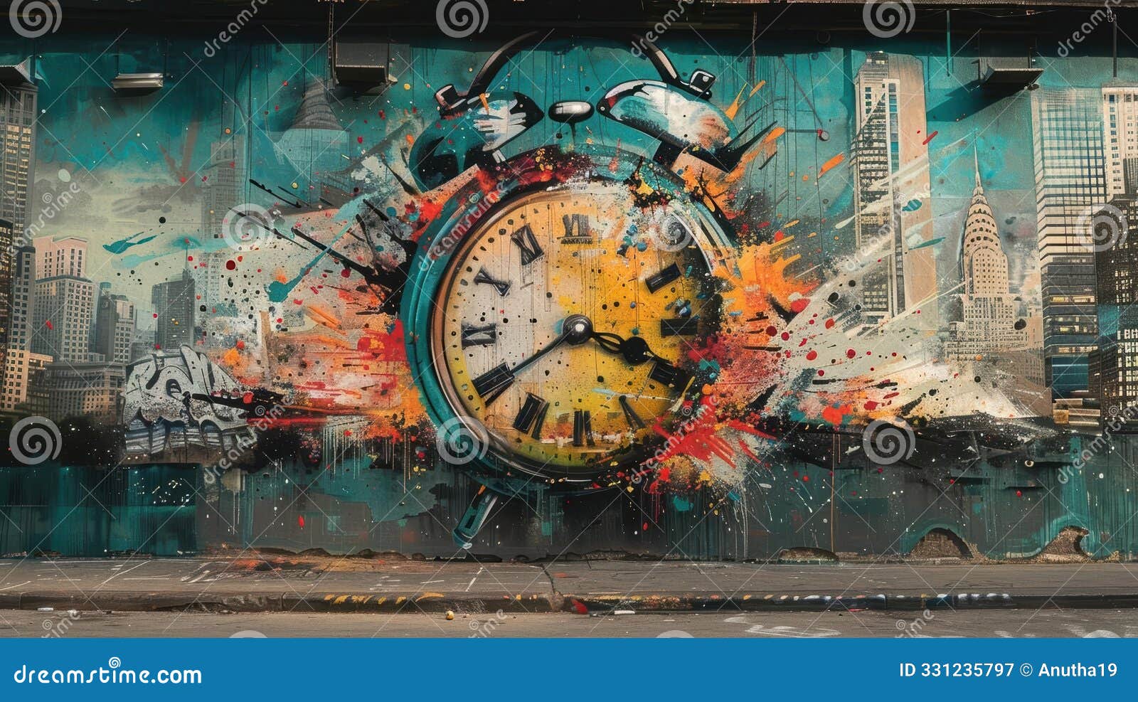 Colorful Street Art of an Exploding Clock Set Against a Cityscape ...