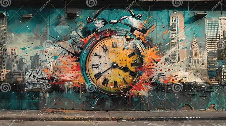 Colorful Street Art of an Exploding Clock Set Against a Cityscape ...