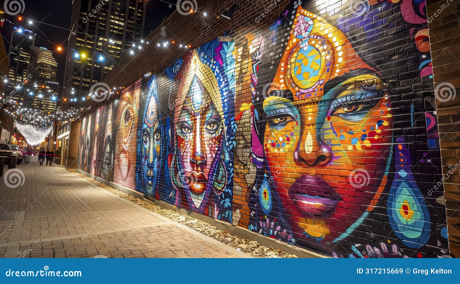 Colorful Street Art Mural Illuminated by String Lights at Night Stock ...
