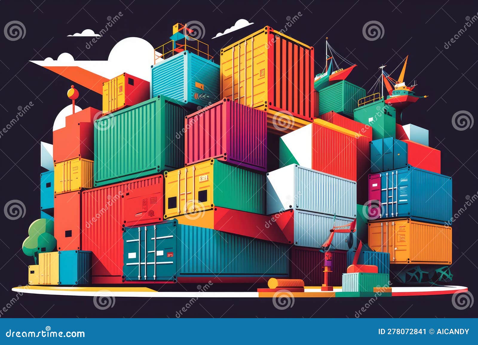 Colorful Style Image of Container Yard Stock Illustration ...
