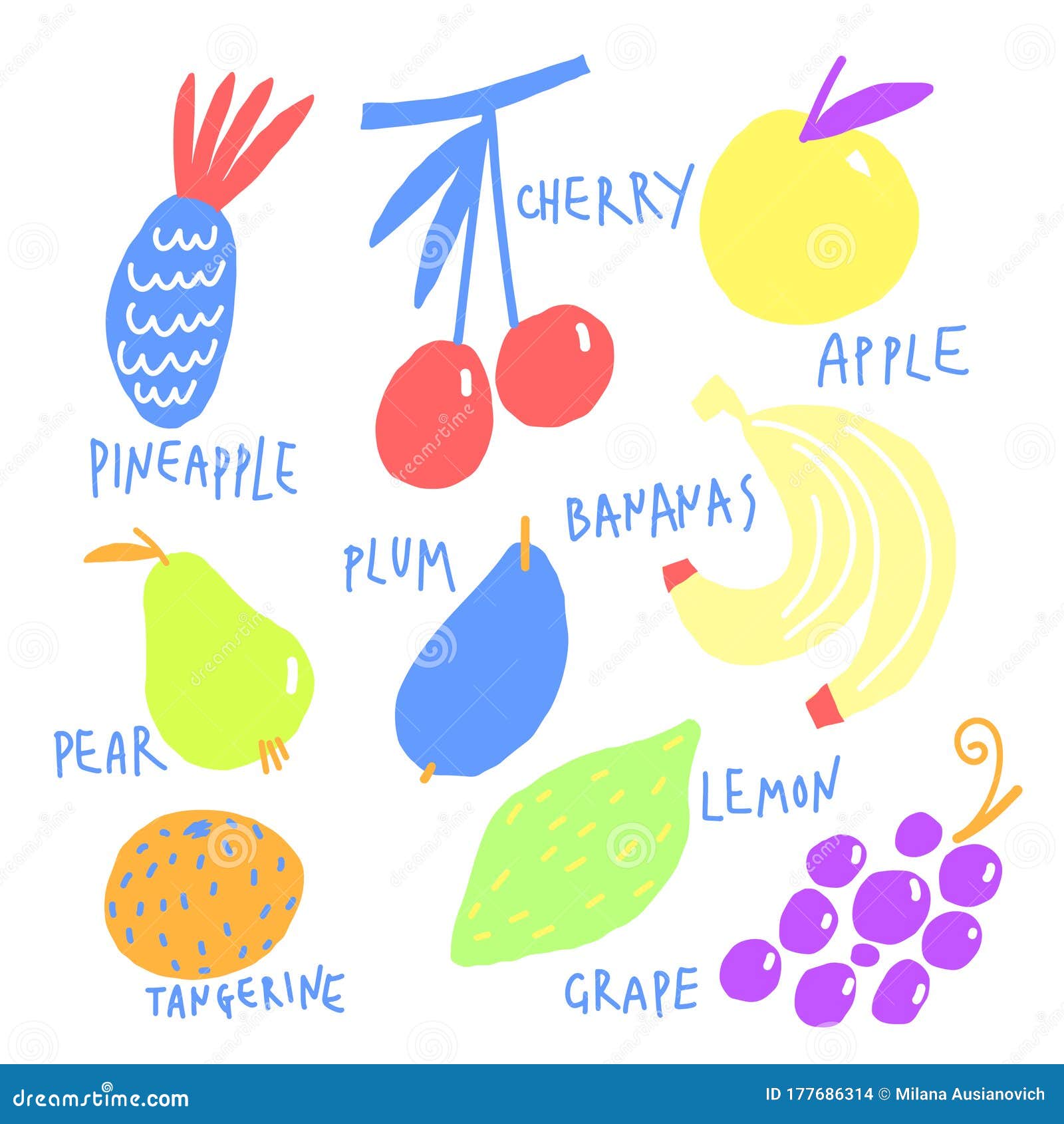 Colorful Stylized Fruits Set. Hand Drawn Illustration Stock Vector ...