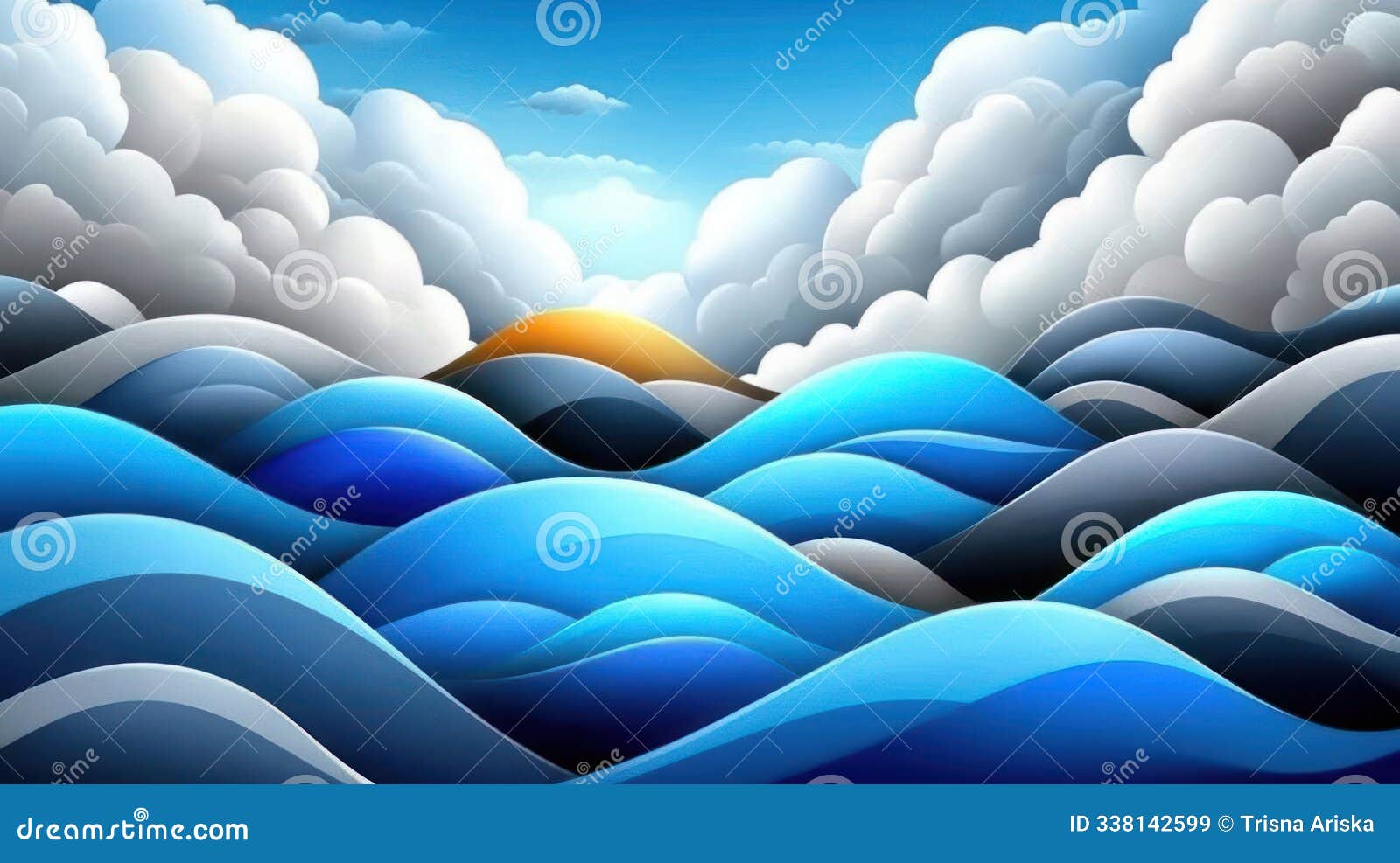 A Colorful, Stylized Ocean Scene with Waves and Clouds Under a Bright ...