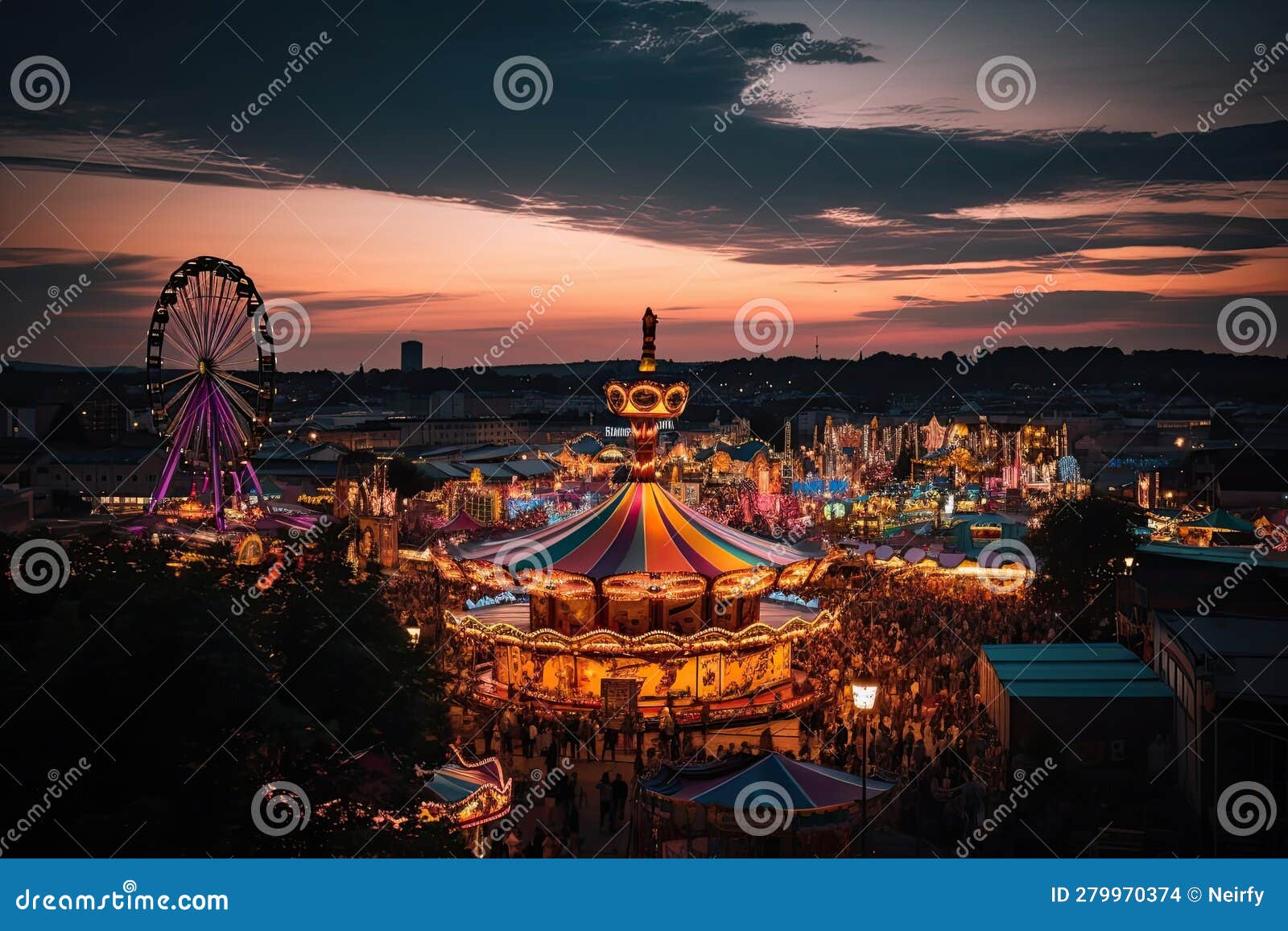 Colorful Summer Carnival at Dusk Stock Illustration - Illustration of ... Colorful Summer Carnival at Dusk Stock Illustration - Illustration of ...