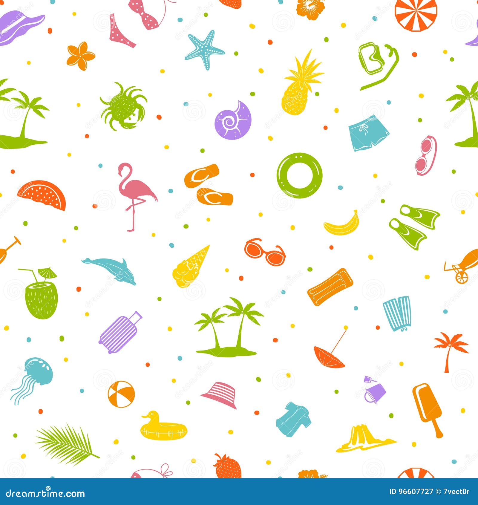 Colorful Summer Time Beach Travel Items Seamless Pattern Stock Vector ...