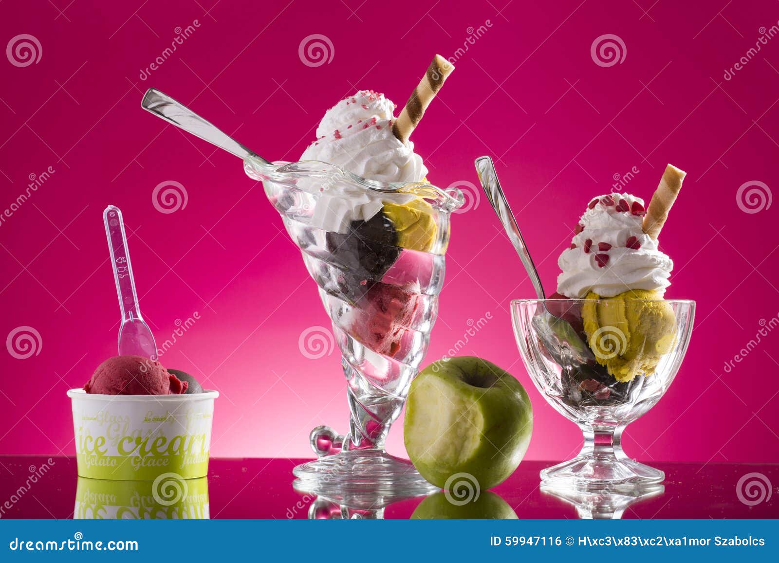 Colorful Sundaes and Takeaway Plastic Cup on Pink Background Stock ...