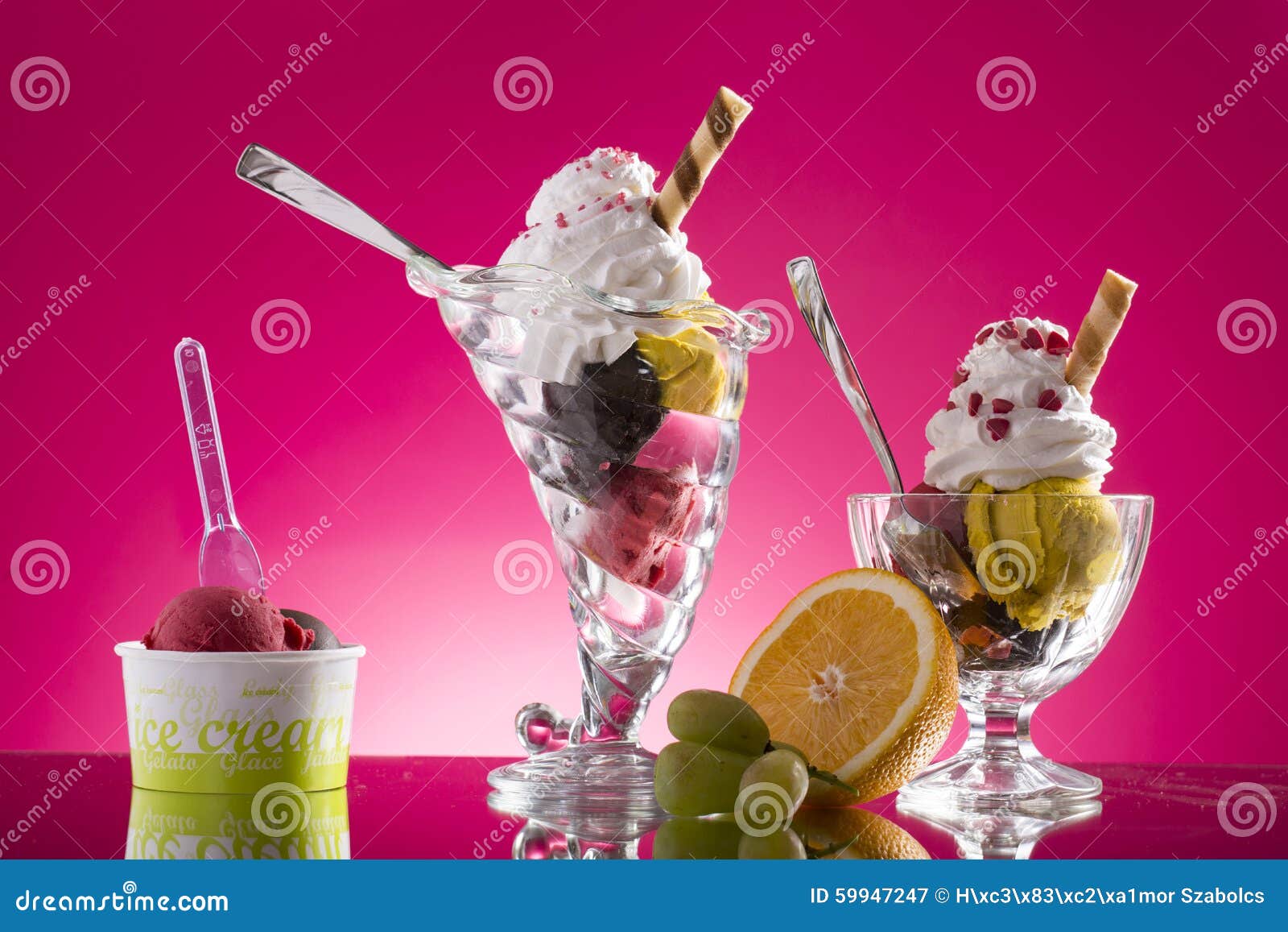 Colorful Sundaes and Takeaway Plastic Cup on Pink Background Stock ...