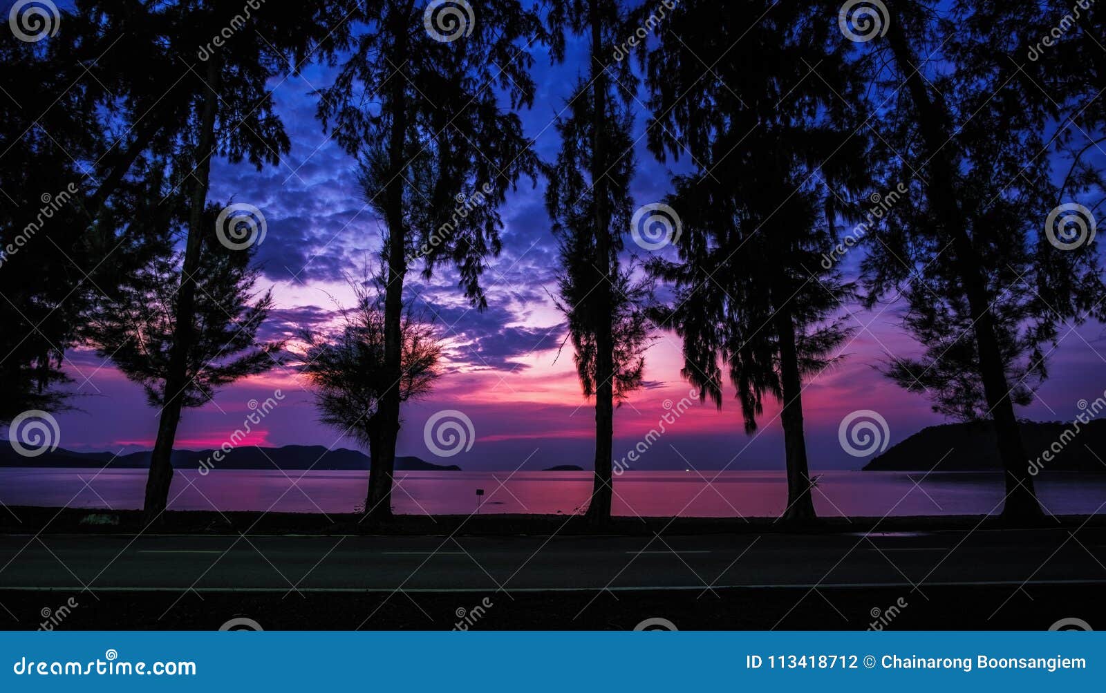 The Colorful Sunset Cloud at the Evening Beach with Tree Foreground ...