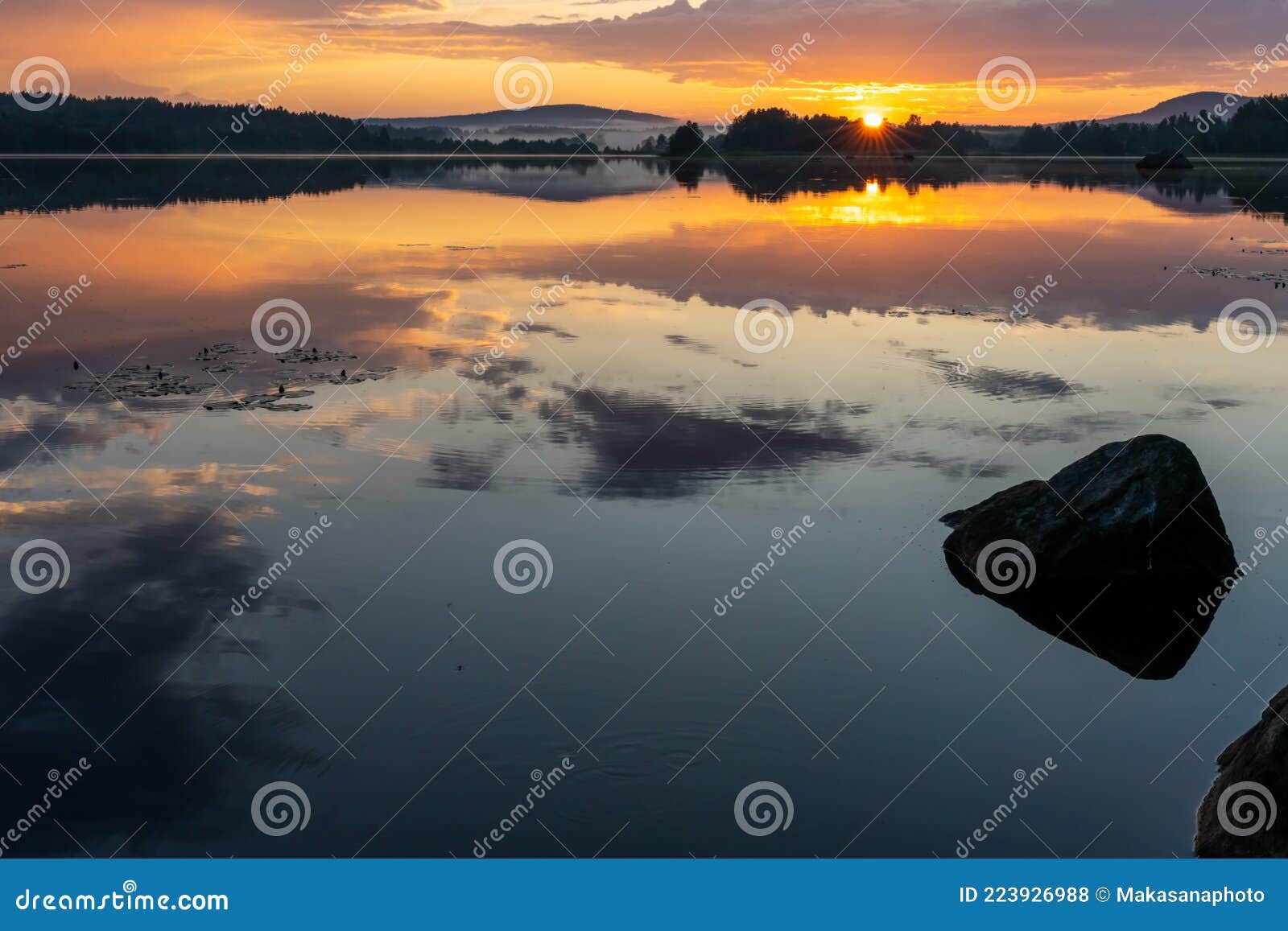 Colorful Sunset Over a Calm Lake with Reflections in the Water Stock ...