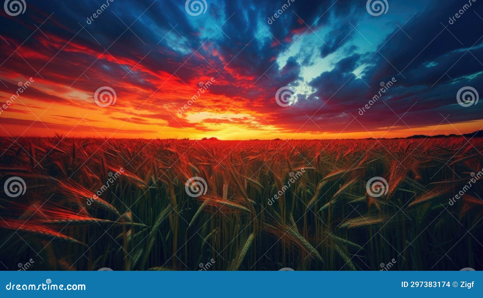 Colorful Sunset Over a Field of Wheat Stock Illustration - Illustration ...