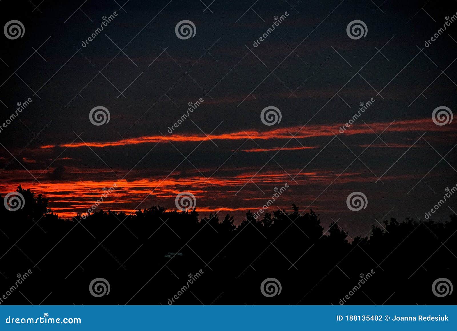 Colorful Sunset with Red Sky and Trees and Clouds Stock Photo - Image ...