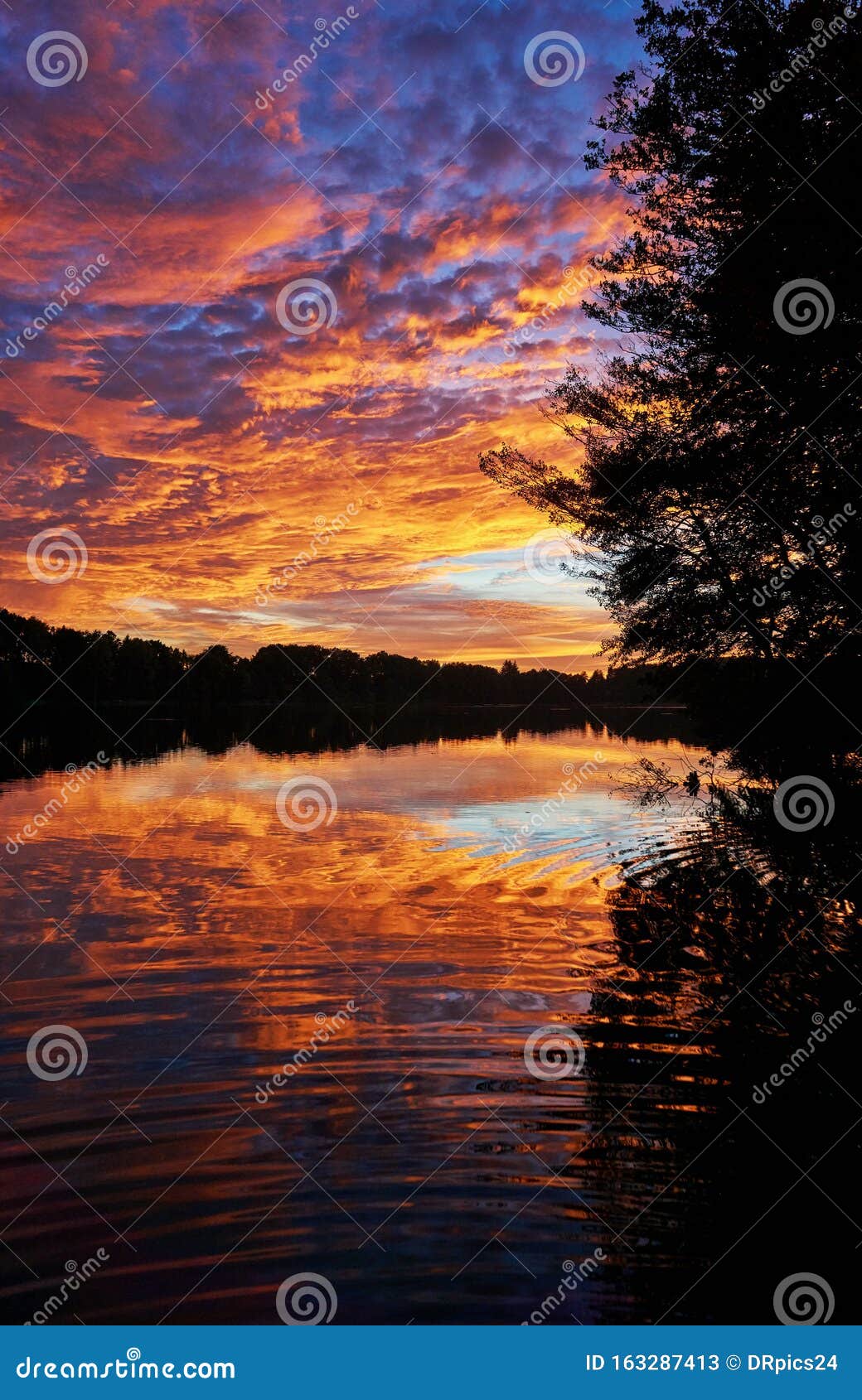 Colorful Sunset Sky at the Forest Lake and Reflection in Lake Stock ...