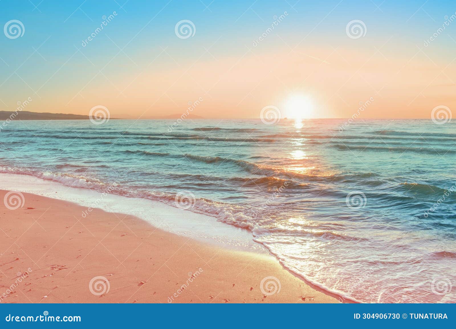 Colorful Sunset Viewed from the Pink Sea Beach with Soft Waves Stock ...