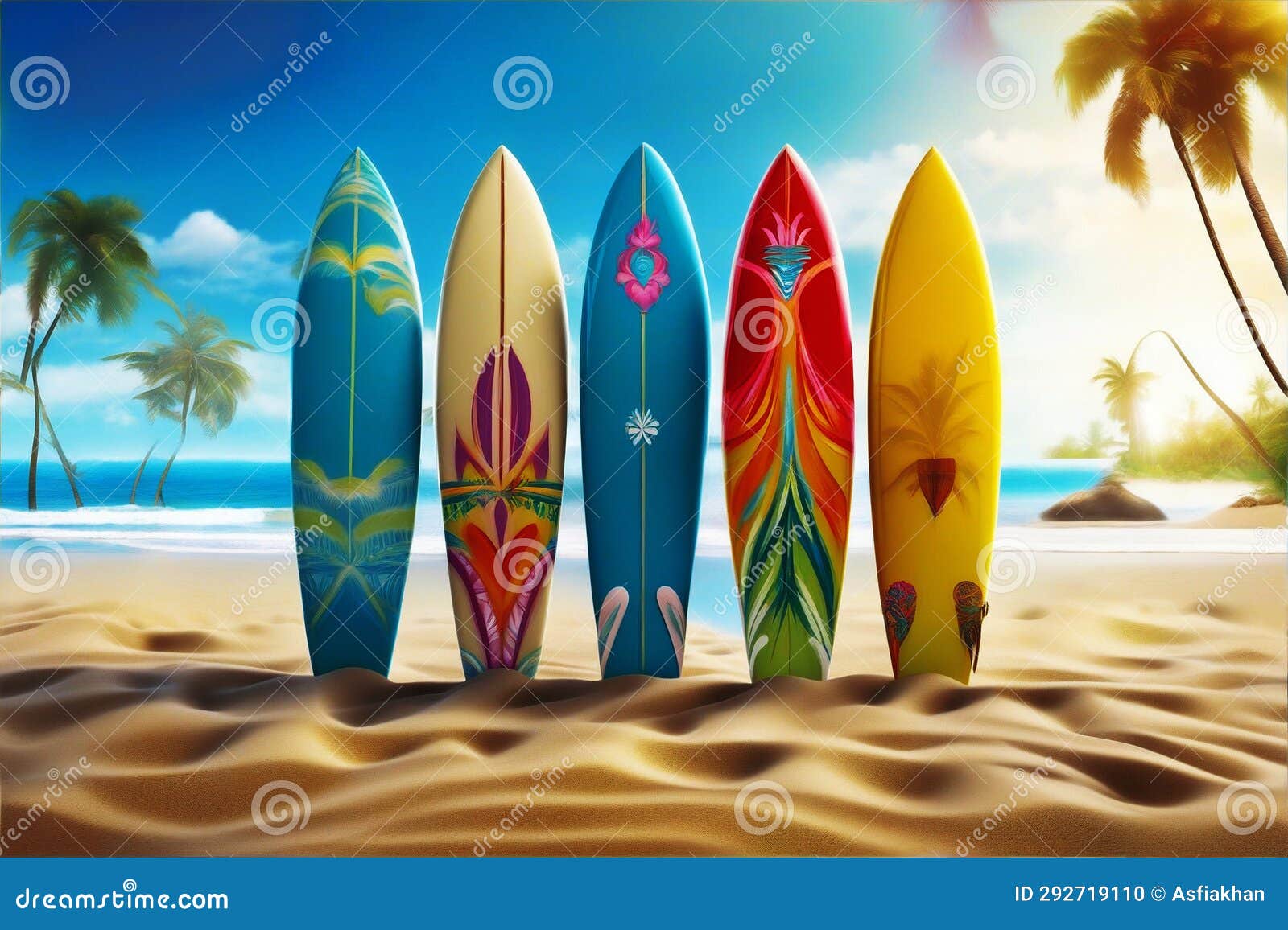 5 Colorful Surfboards on Beach Stock Illustration - Illustration of ...