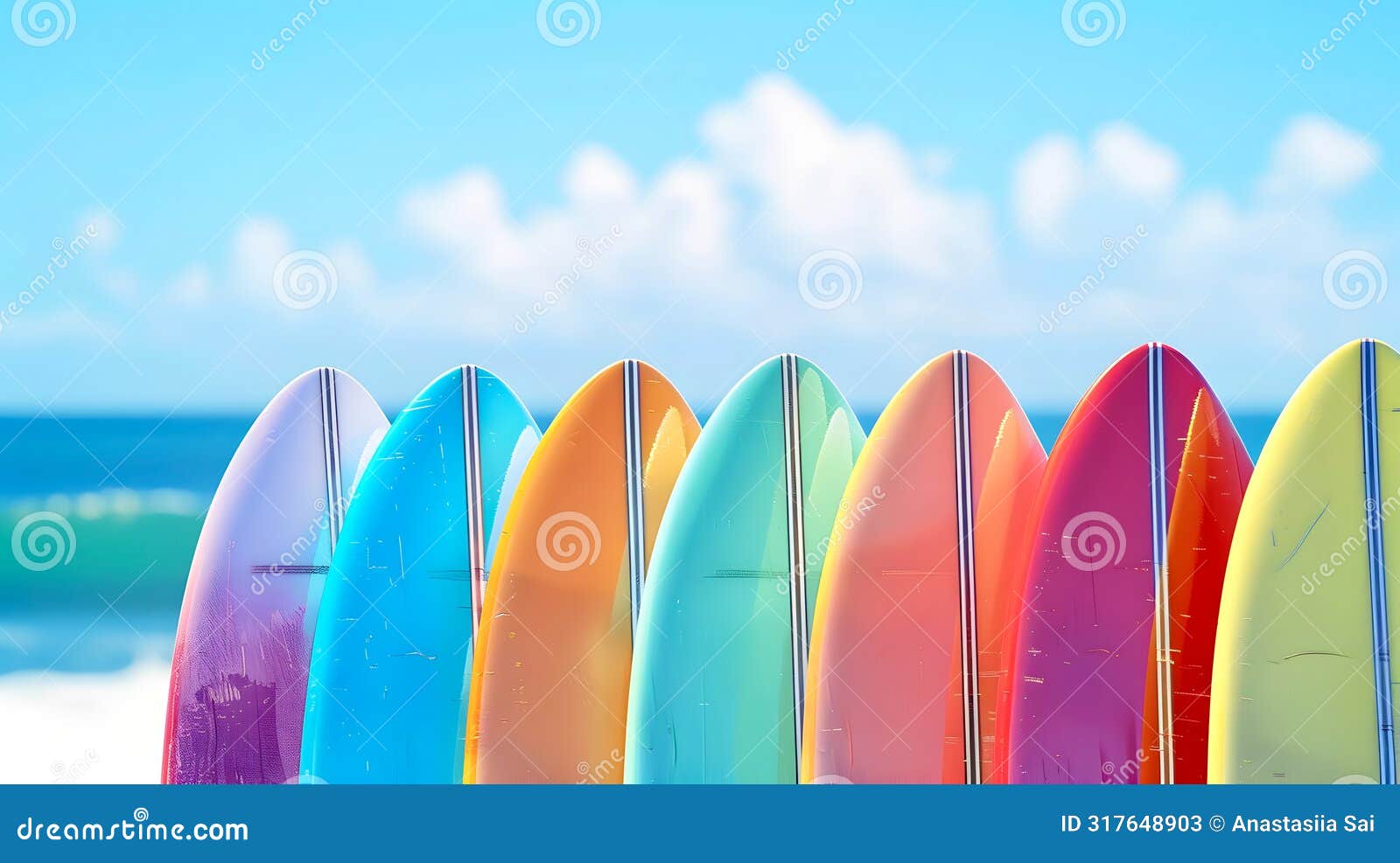 Colorful Surfboards Stand in a Row on Background of the Ocean Stock ...