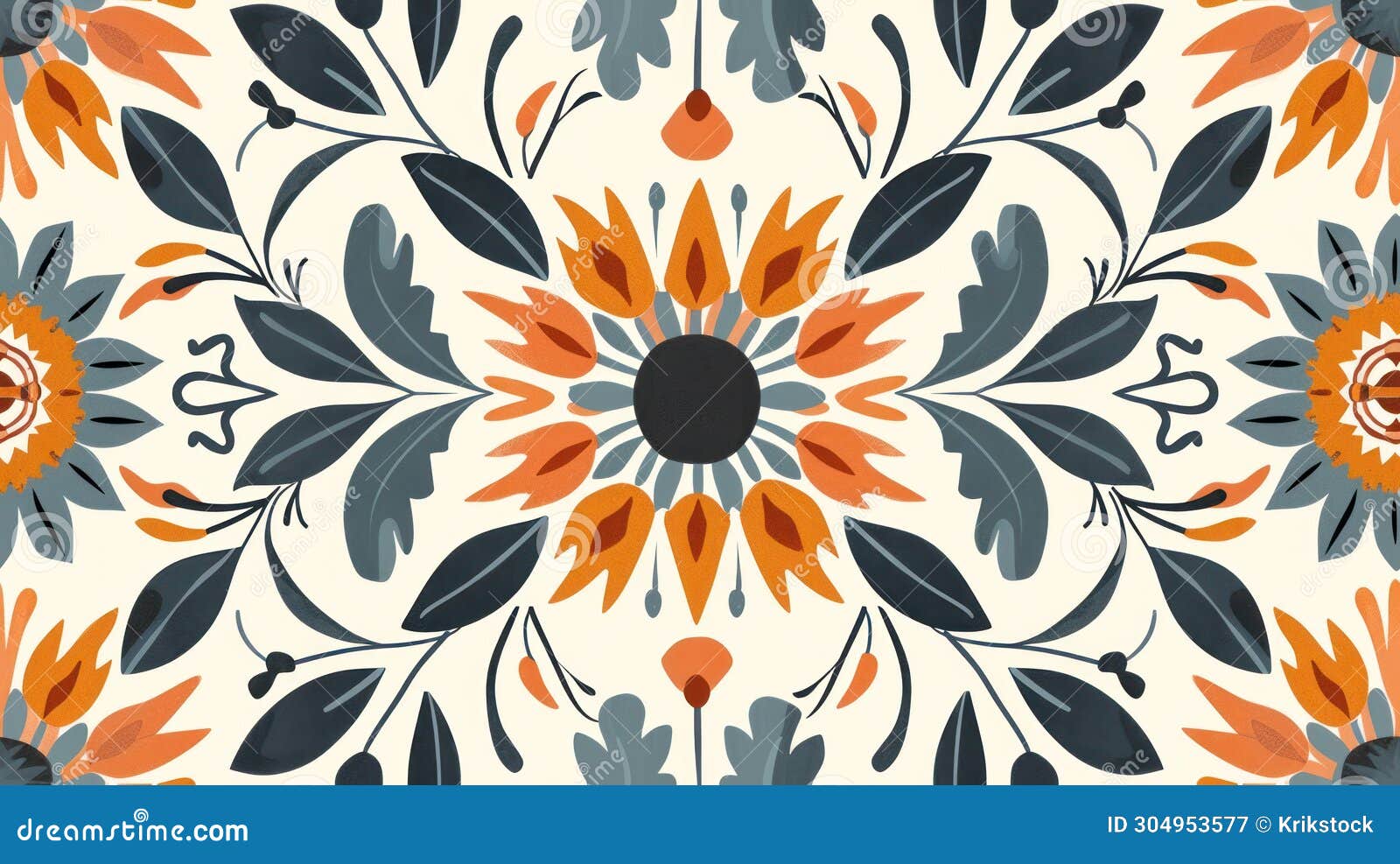 Colorful Symmetrical Floral Pattern on Cream Background. Digital ...