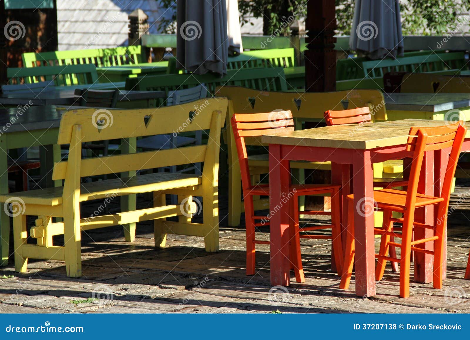 Colorful tables and chairs stock photo. Image of restaurant - 37207138