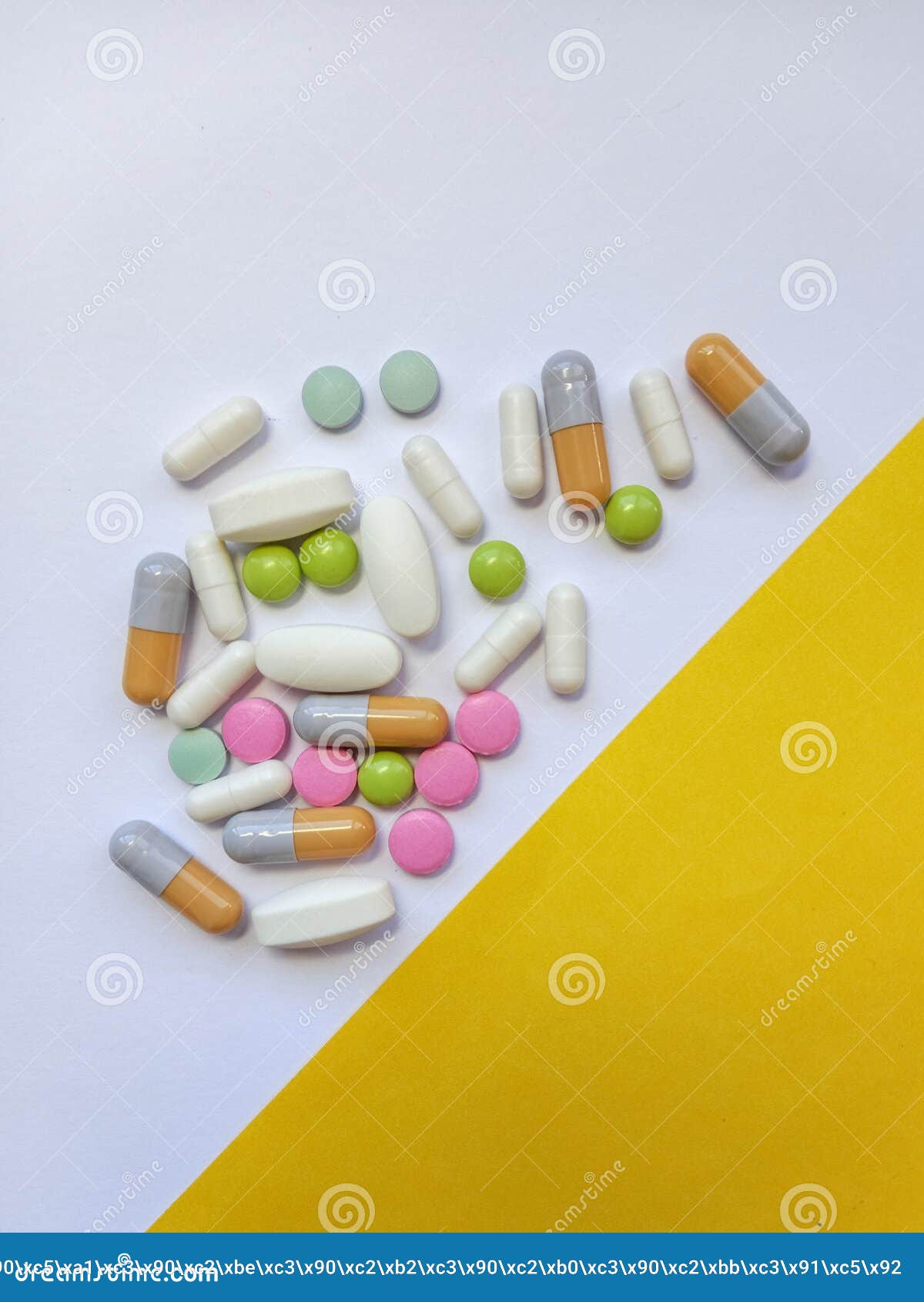 Colorful Tablets with Capsules and Pills on White Background. Stock ...