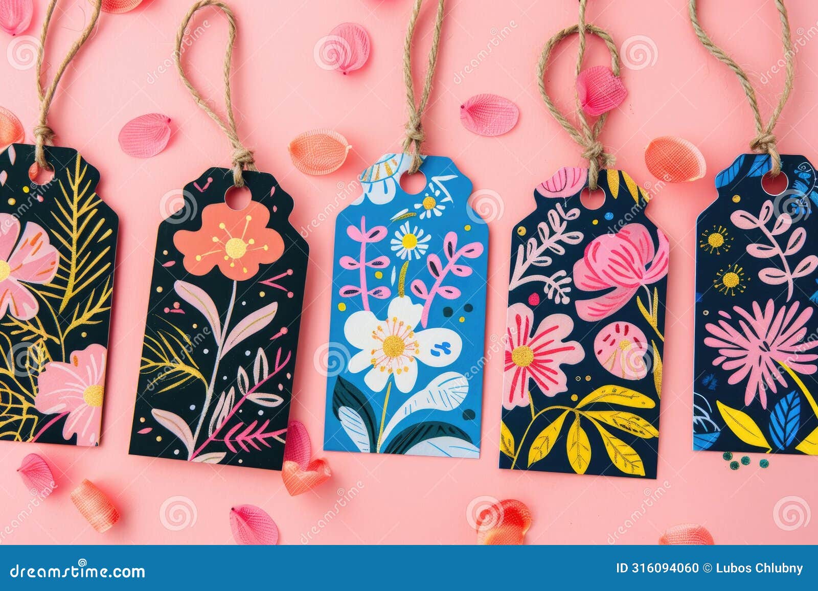 Colorful Tags with Floral Patterns on Pink Background Stock ...