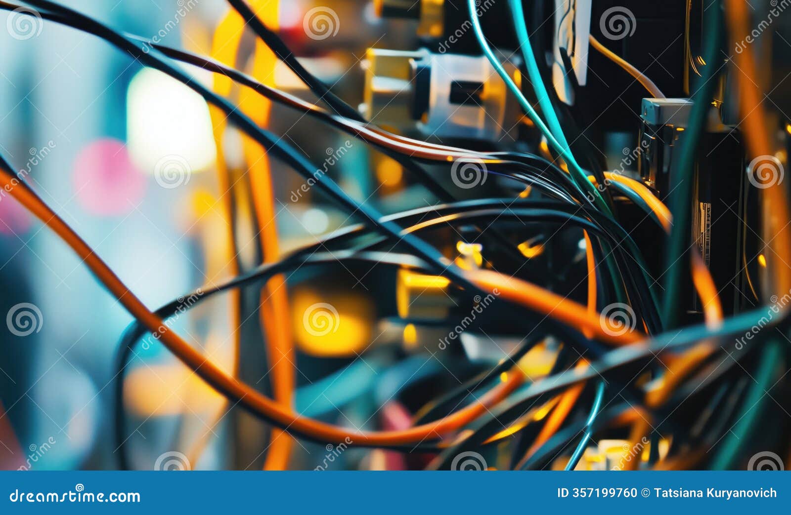 Colorful Tangled Wires and Cables in Electronic Setup Showcasing Complexity of Connections and ...