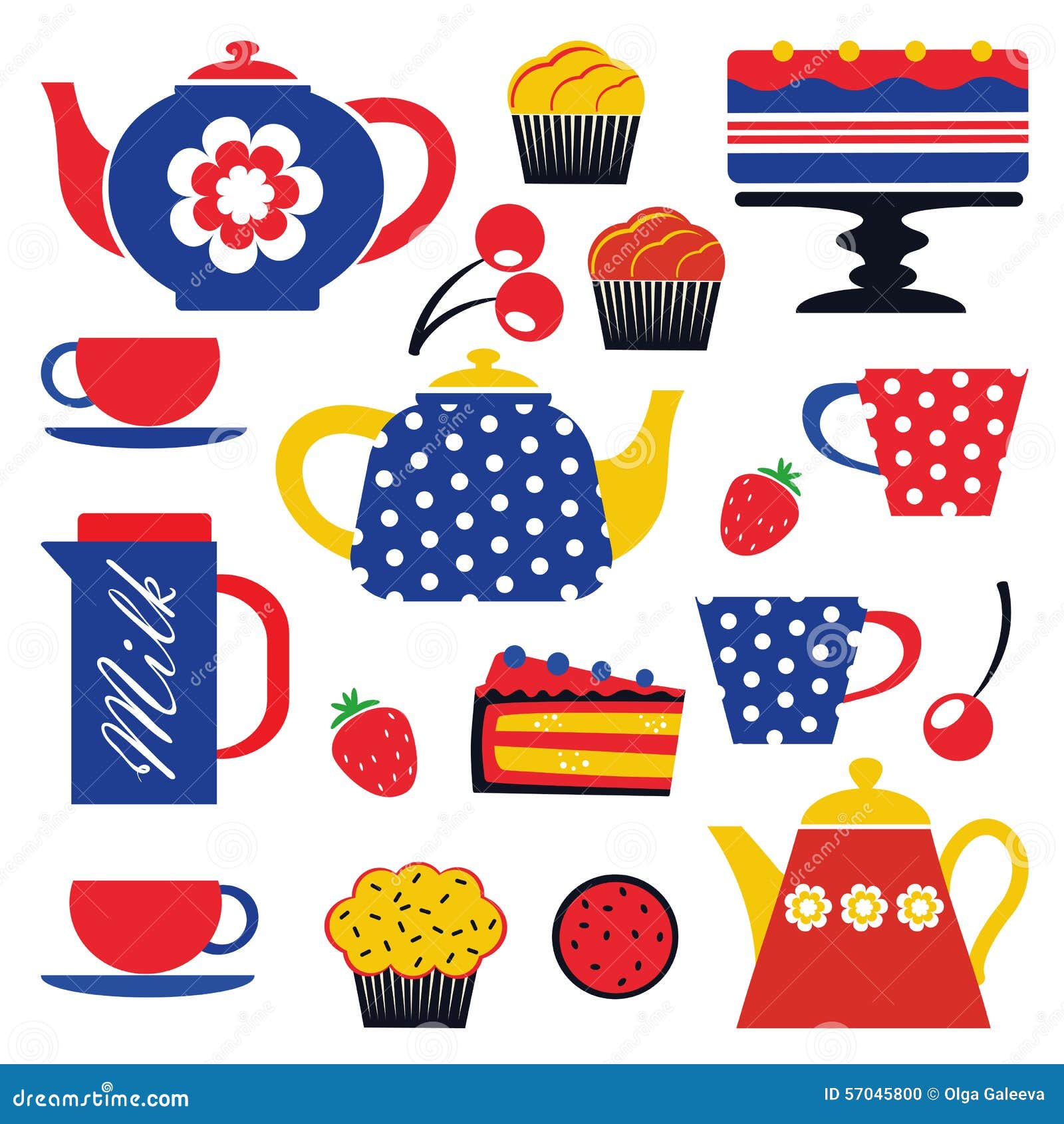 Colorful tea party set stock vector. Illustration of card - 57045800