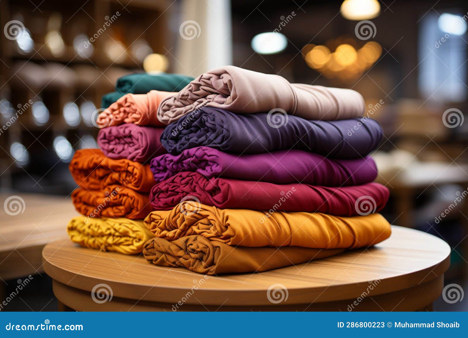 Colorful Textiles Stack in a Fabric Store with a Blurred Background ...