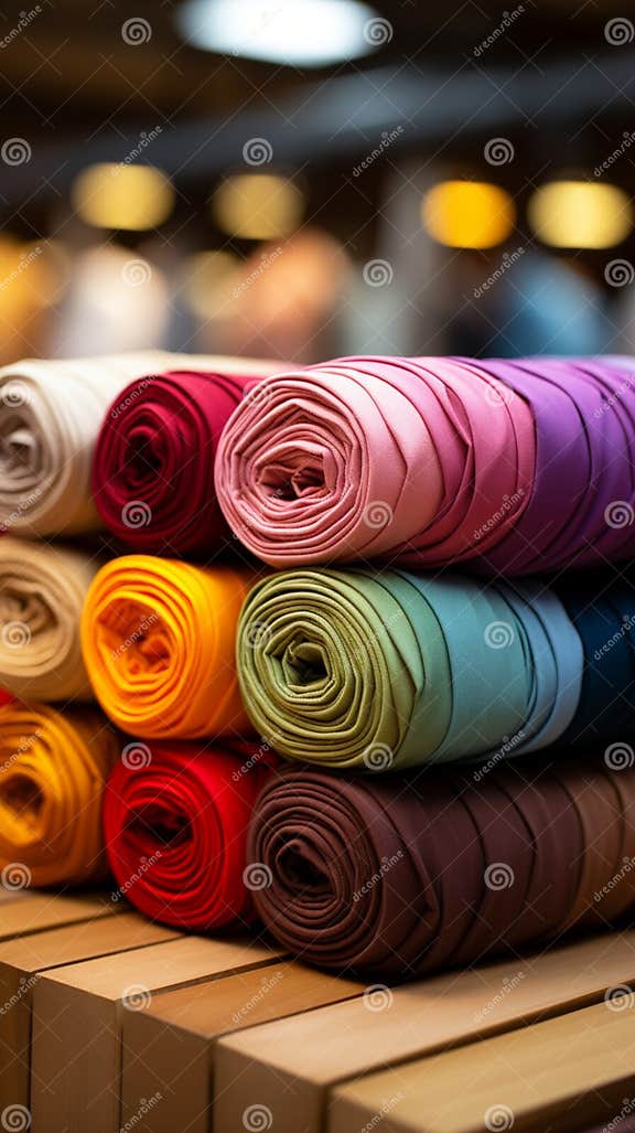 Colorful Textiles Stack in a Fabric Store with a Blurred Background ...