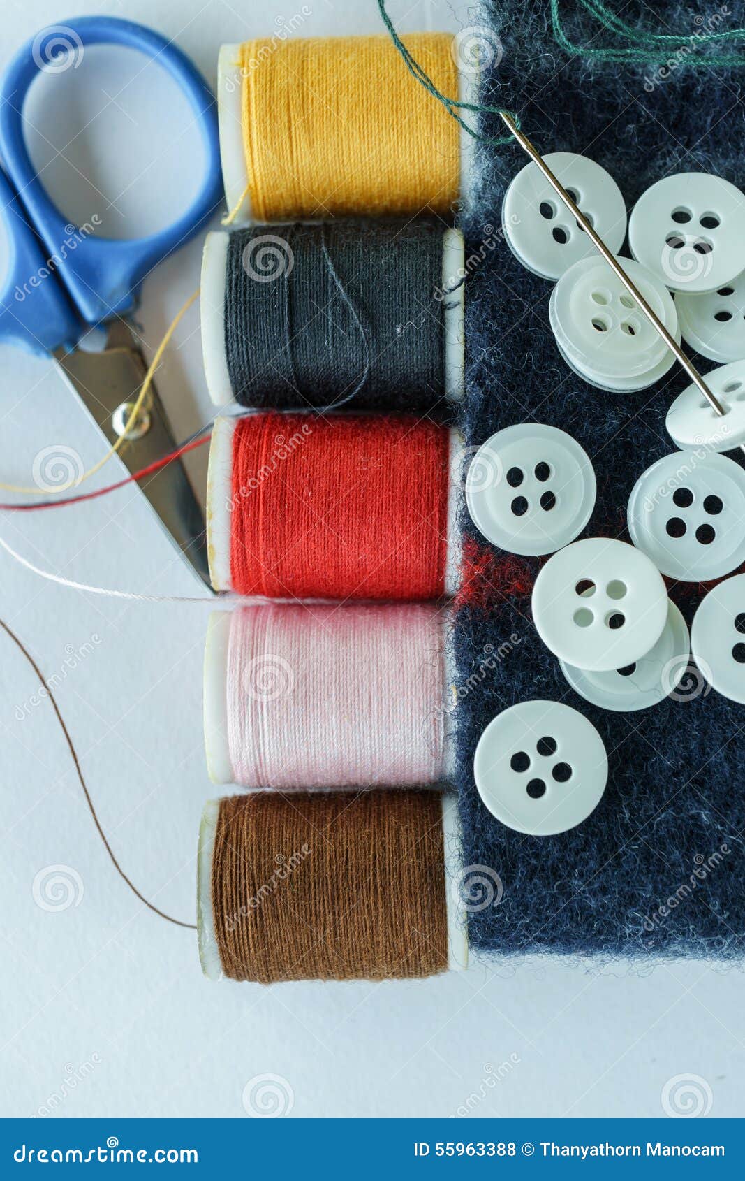 Colorful Thread in Spool, Scissors and Buttons Stock Photo - Image of ...