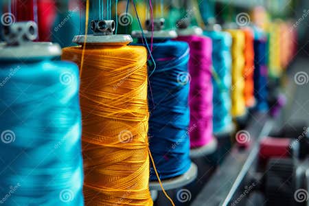 Colorful Thread Spools on a Spinning Machine. Textile Threads Industry ...