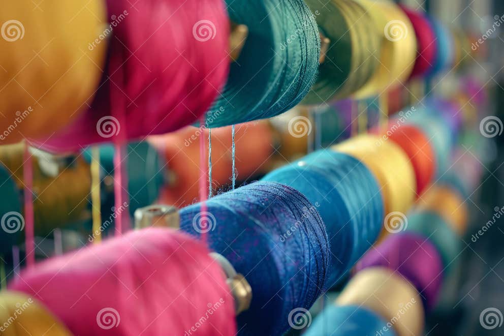 Colorful Thread Spools on a Spinning Machine. Textile Threads Industry ...