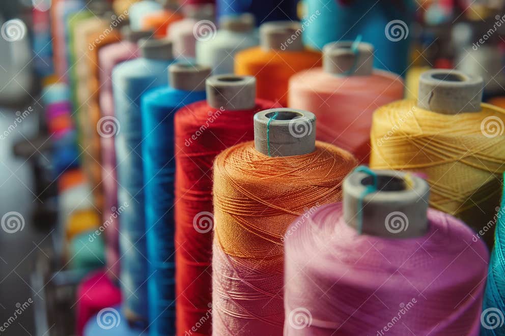 Colorful Thread Spools on a Spinning Machine. Textile Threads Industry ...