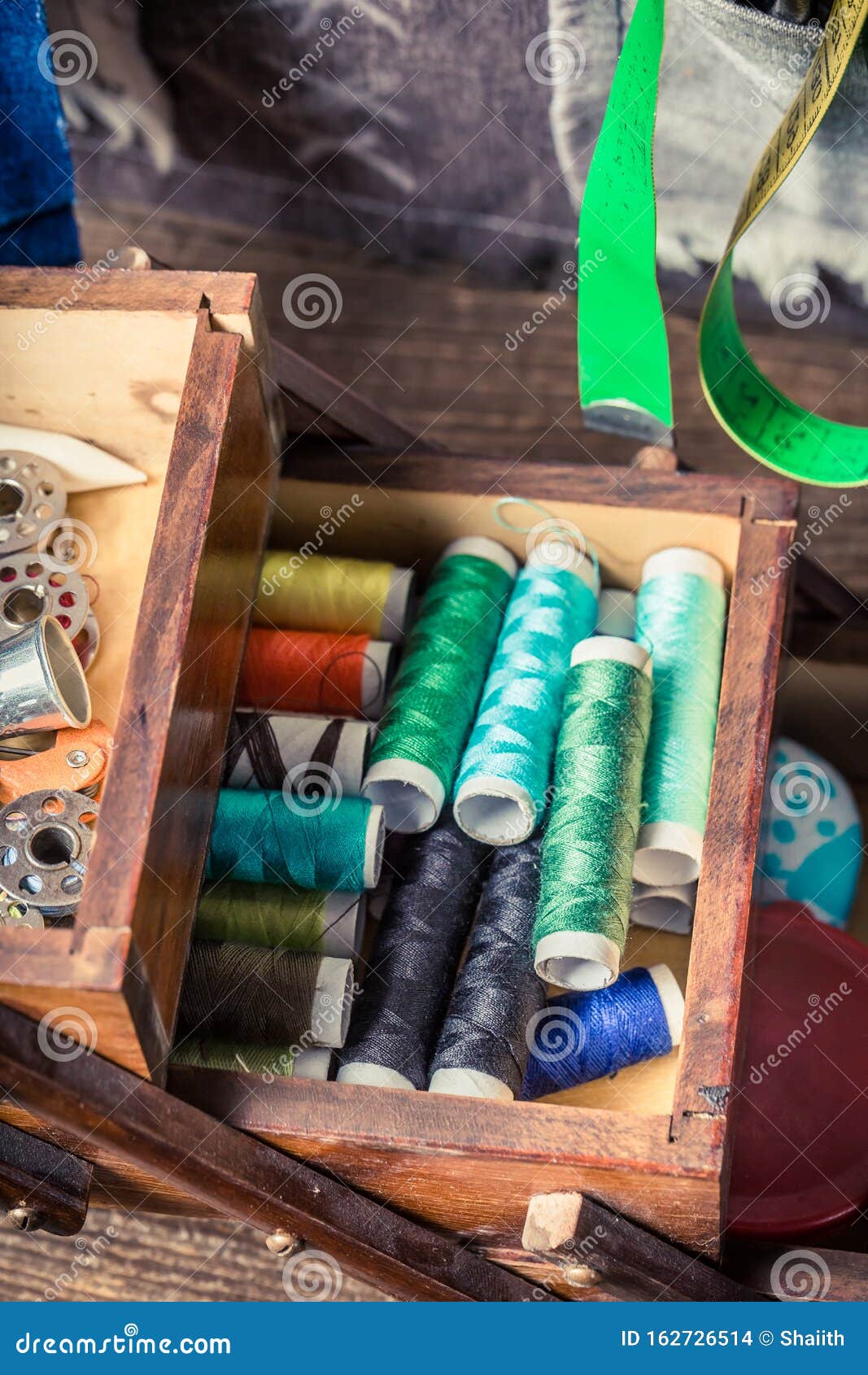 Colorful Threads and Needles Vintage Wooden Box Stock Photo - Image of ...